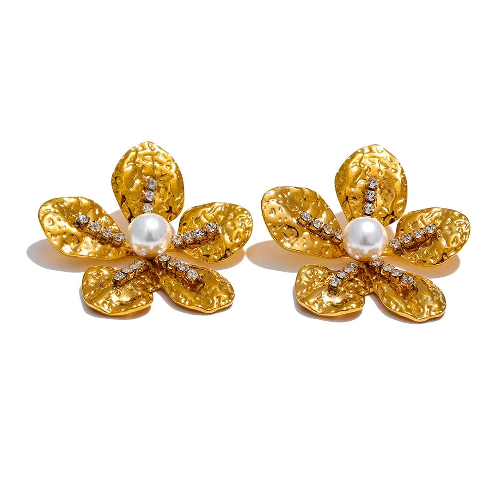 Bellartini Gold Color Flower Earrings with Cubic Zirconia Pearls WP